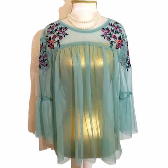 Arizona Jean Company | Tops | Boho Floral Embroidered Sheer Mesh Top ...
